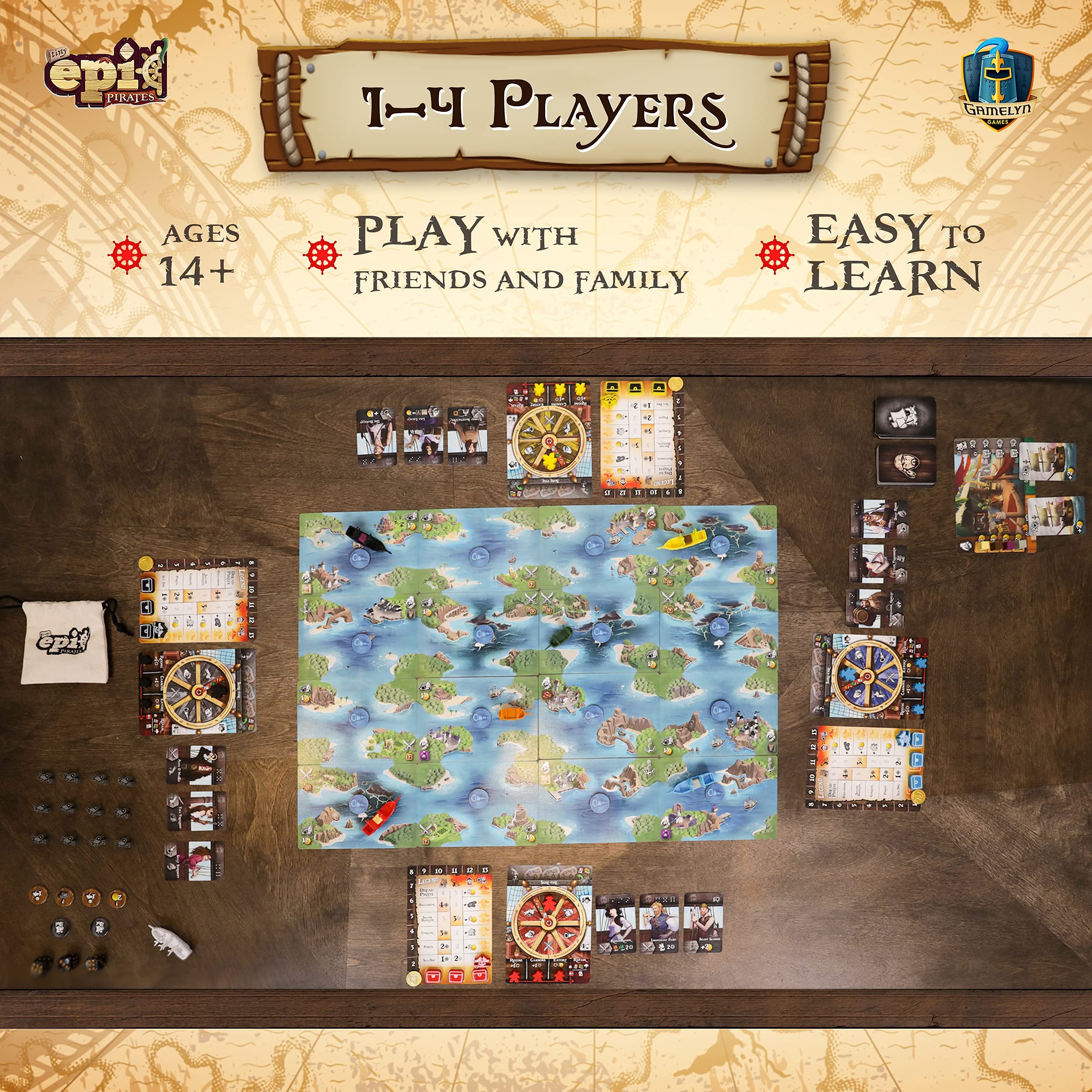 Gamelyn Tiny Epic Pirate Board Game - Notorious Pirate Ship Board Games, Strategic Board Games for Adults, With Rulebook, 210 Game Pieces, and 7 Ships, Blue