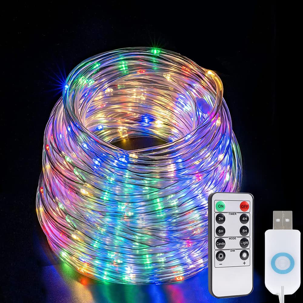 LED Rope Lights, USB Plug in String Lights with Remote 66ft 200LEDs 8 Mode Tube Lights Indoor Outdoor Waterproof Winkle Firefly Lights for Home Party Wedding Garden Camping Decor (Multi-Colored)