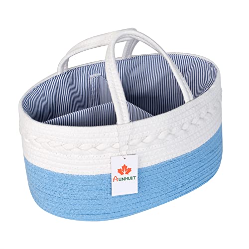 Large Baby Diaper Caddy Organizer Blue 100% Cotton Rope Basket Nursery Storage Bin Portable for Changing Table/Car Hanging Travel Bag Tote Newborn Registry Must Have Baby Boy Shower Gift Basket