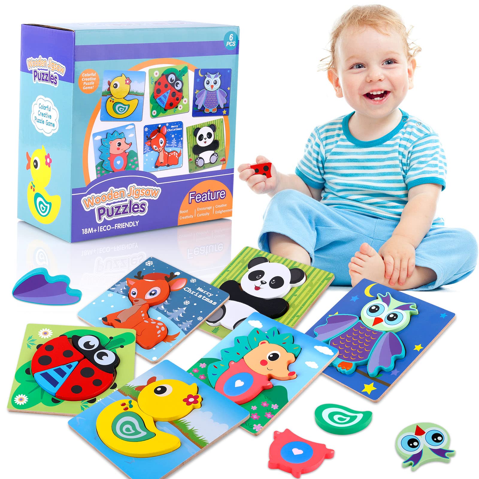 GINMIC Wooden Puzzles for Toddlers, Boys & Girls Educational Preschool Toys Gift with 6 Animals Patterns, Puzzles for 3 Year olds.