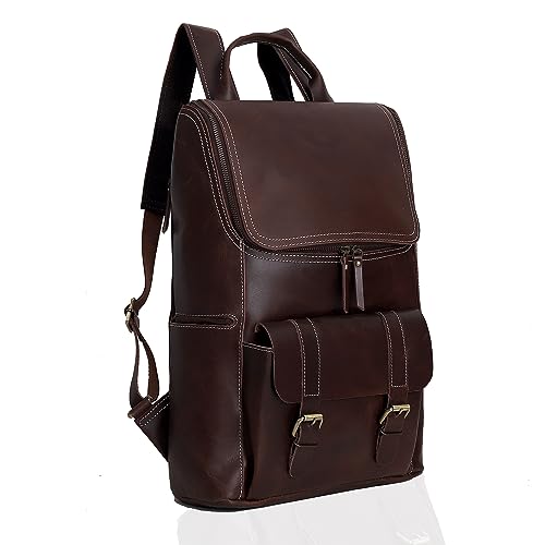 C CUERO Full Grain Leather Backpack for Men - 17 Inch Laptop Bag - Vintage Travel Rucksack - Casual Daypack for Womens (BROWN)