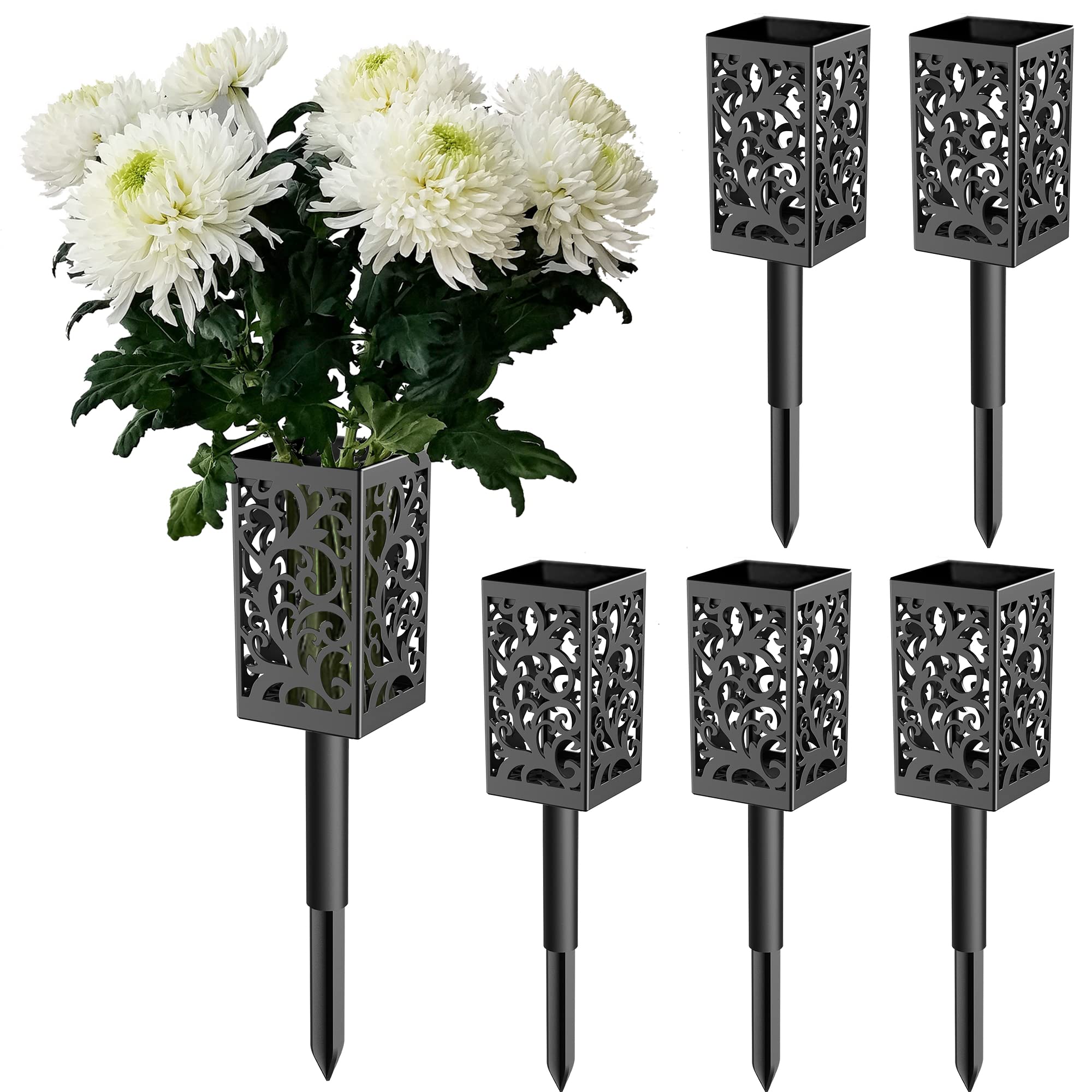 Headstones for Graves 【6 Pack】, Cemetery Decorntions for Grave, Human Gravestone Markers Flower Holder, Black Plastic with Drainage Hole Long Spikes for Yard Ground Outdoor Floral Marker