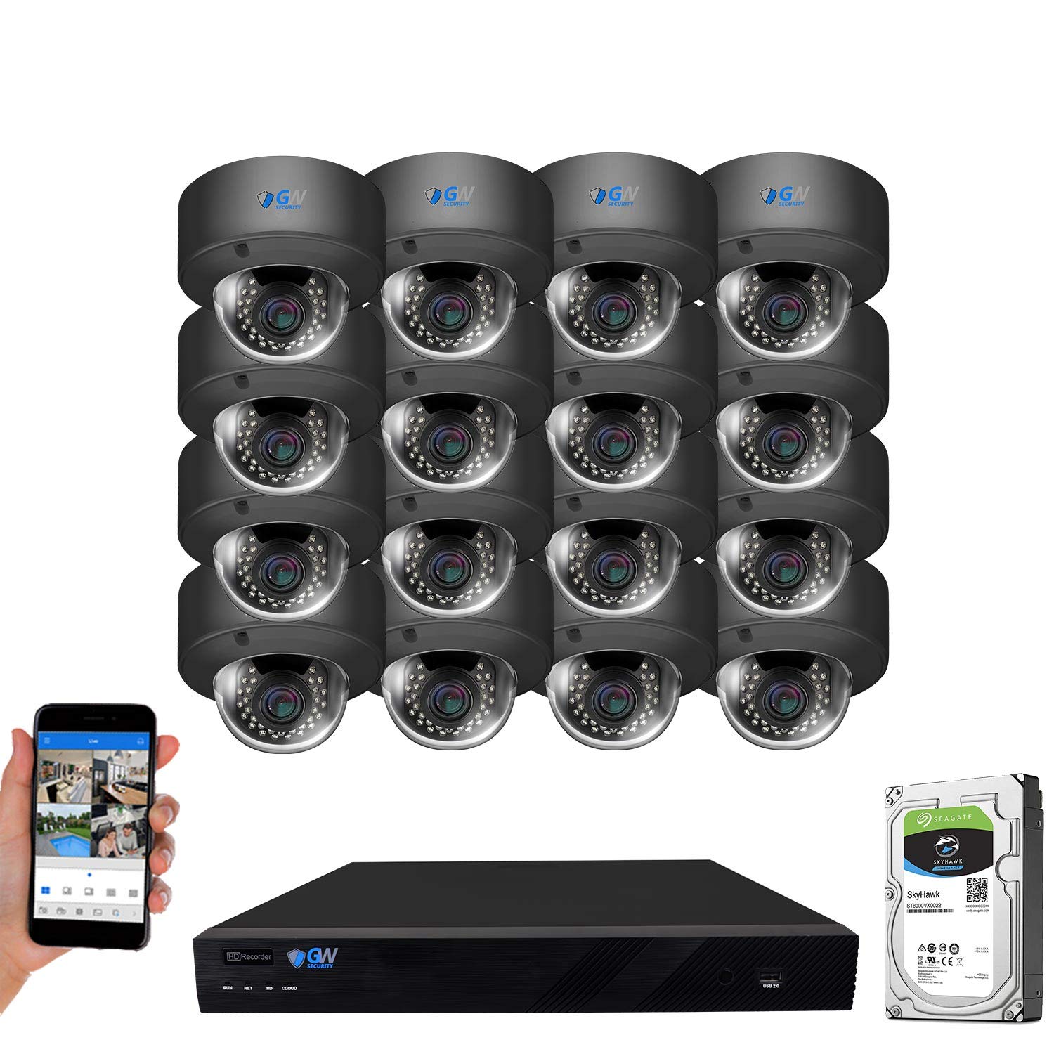 GW Security AutoFocus IP Camera System, 16 Channel 4K NVR, 16 x 5MP HD 1920P Dome POE Microphone Security Camera 4X Optical Motorized Zoom Outdoor Indoor Security System, AI Human Detection
