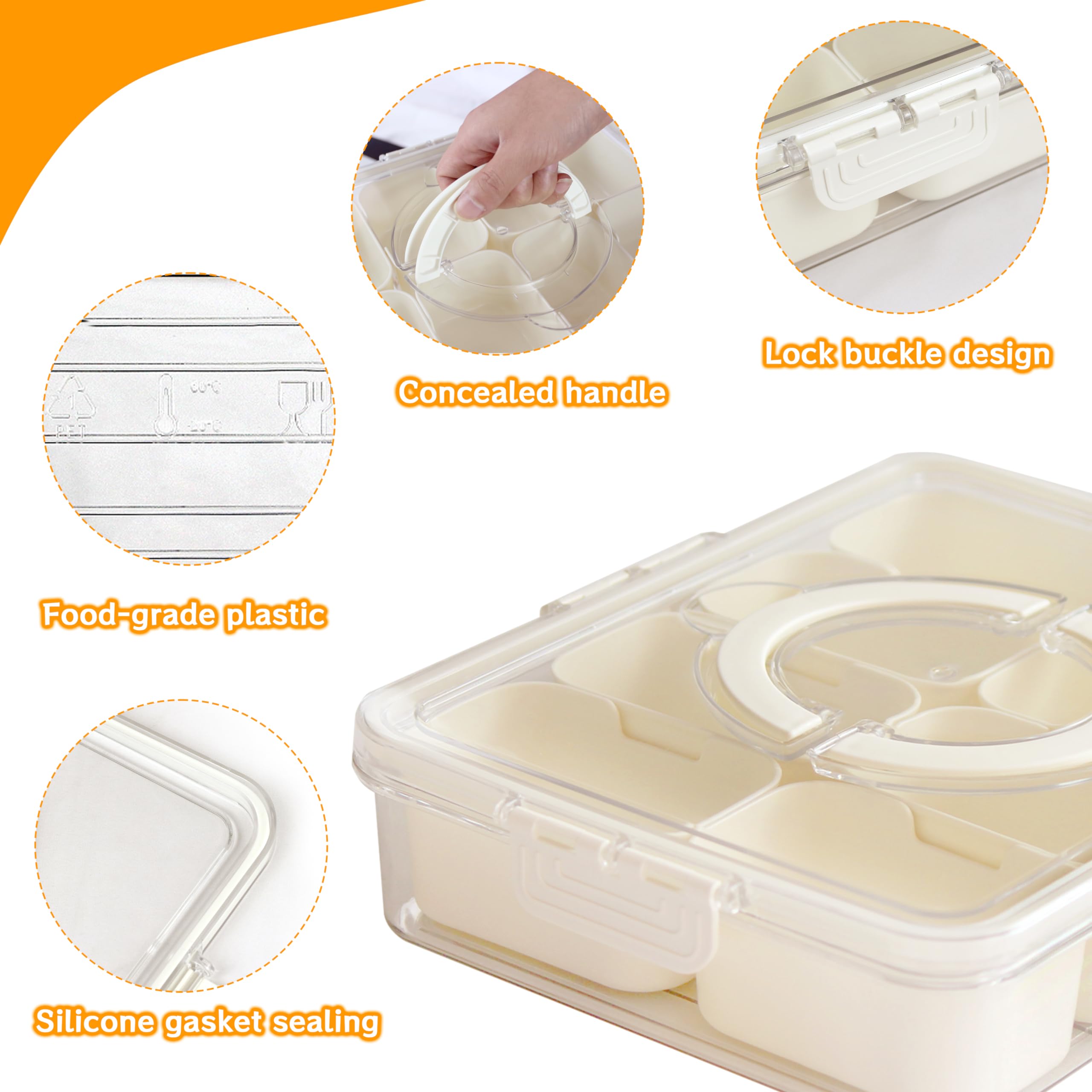 Atildp Snackle Box Container: Divided Serving Tray with Lid and Handle, Includes 8 Compartments for Dry Fruit Snack Box, Portable Fruit Tray Great for Kitchen, Party, Picnic, Travel