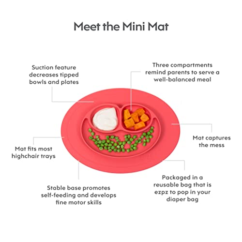 ez pz Mini Collection Set (Coral) - 100% Silicone Cup + Straw, Fork, Spoon & Mini Mat Suction Plate with Built-in Placemat for Infants + Toddlers - First Foods + Self-Feeding - 12 Months+