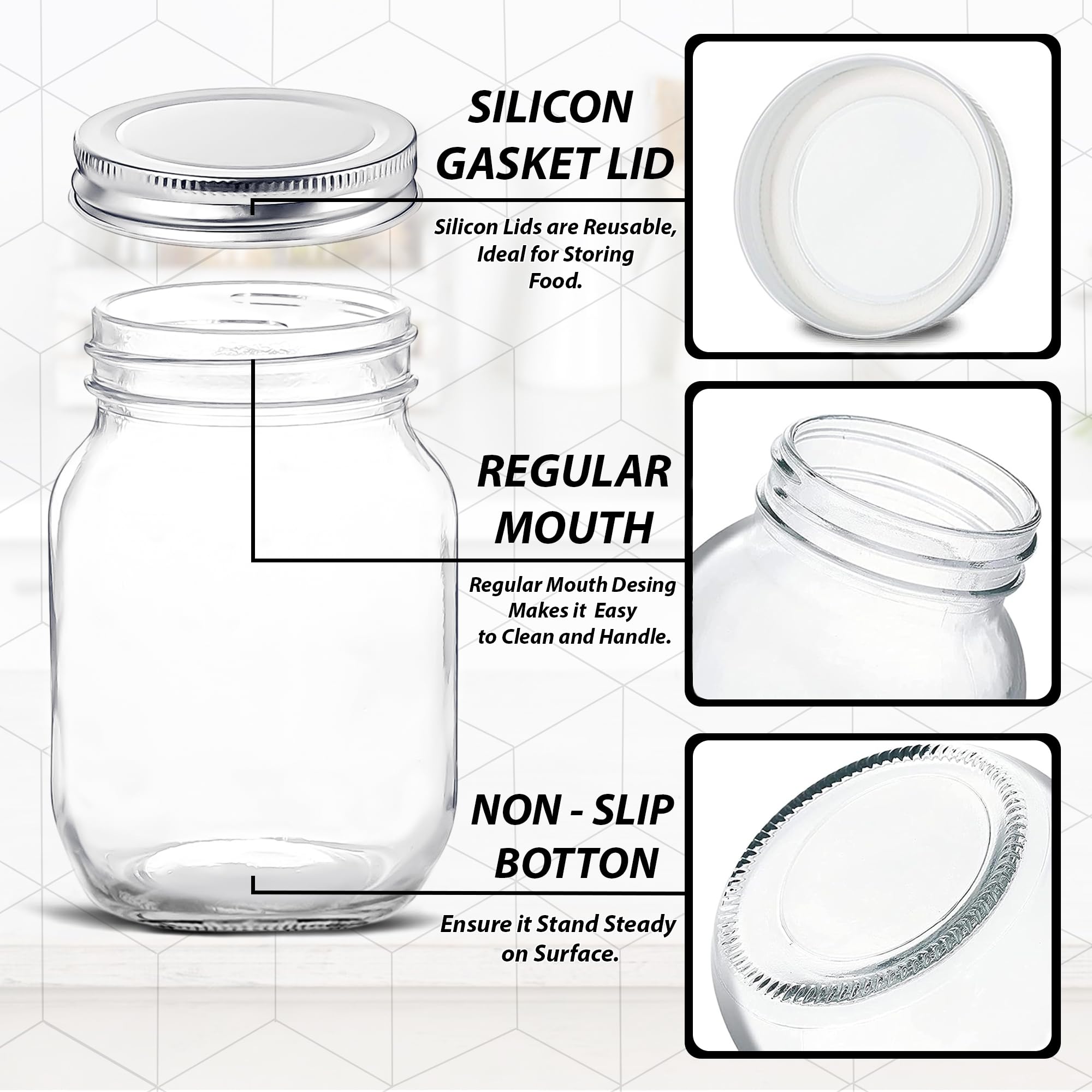 Glass Regular Mouth Mason Jars, 16 oz Clear Glass Jars with Silver Metal Lids for Sealing, Canning Jars for Food Storage, Overnight Oats, Dry Food, Snacks, Candies, DIY Projects (4 PACK)