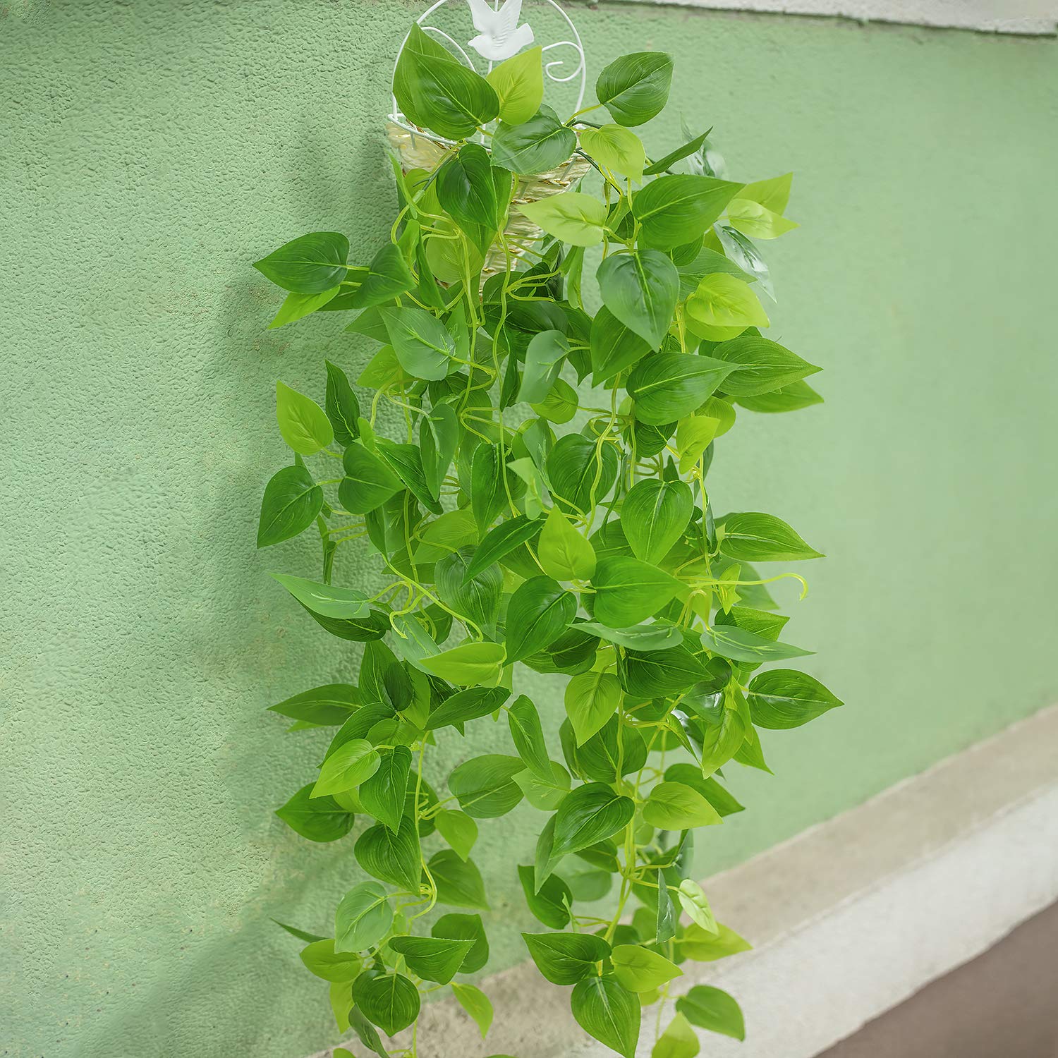 COOWAS 2pcs Artificial Hanging Plants 3.2 Feet Fake Ivy Vine Leaves Greenery for Wedding Party Outdoor Garden Office Home Kitchen Bedroom Wall Decor (Basket Includes)