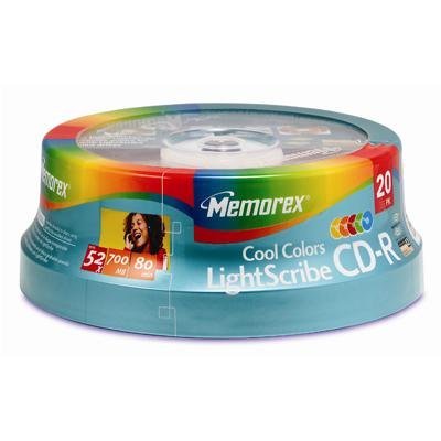 Memorex LightScribe Cool Colors CD-R (80 Min, 700MB, 52X, 20/PK, Spindle)