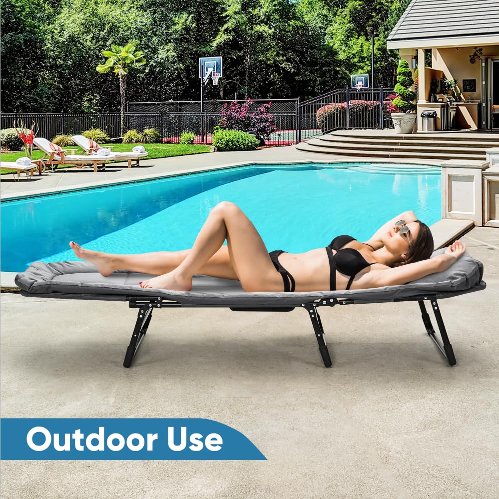 STARBRILLIANT Adjustable Folding Chaise Lounge Chair with Mattress, Folding Portable Sleeping Adults Cots Perfect for Sunbathing, Camping, Pool, Beach, Patio (Grey)