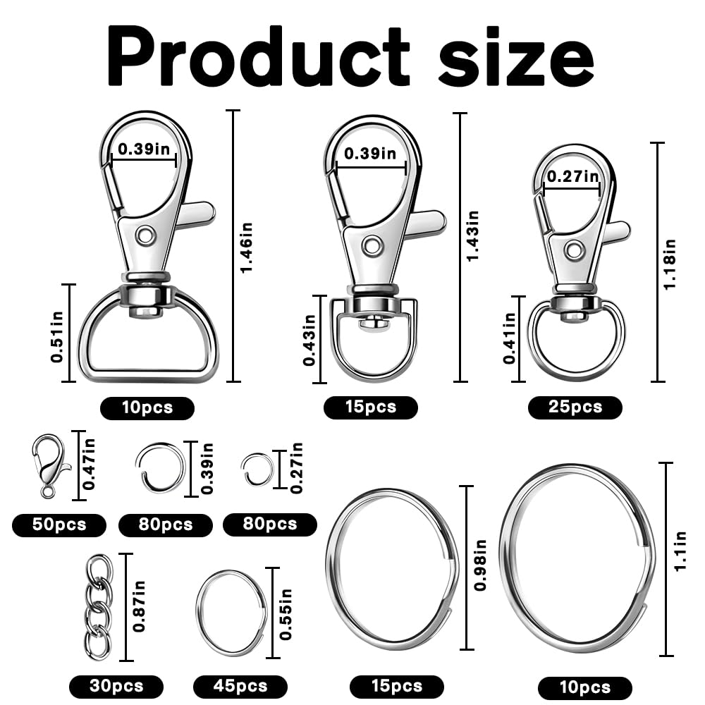 DIYDEC 360pcs Keychain Kit Silver Metal Keychain Clips Hooks with Key Rings Lobster Claw Clasps Keychain Accessories for Lanyard Bracelets Making Crafts