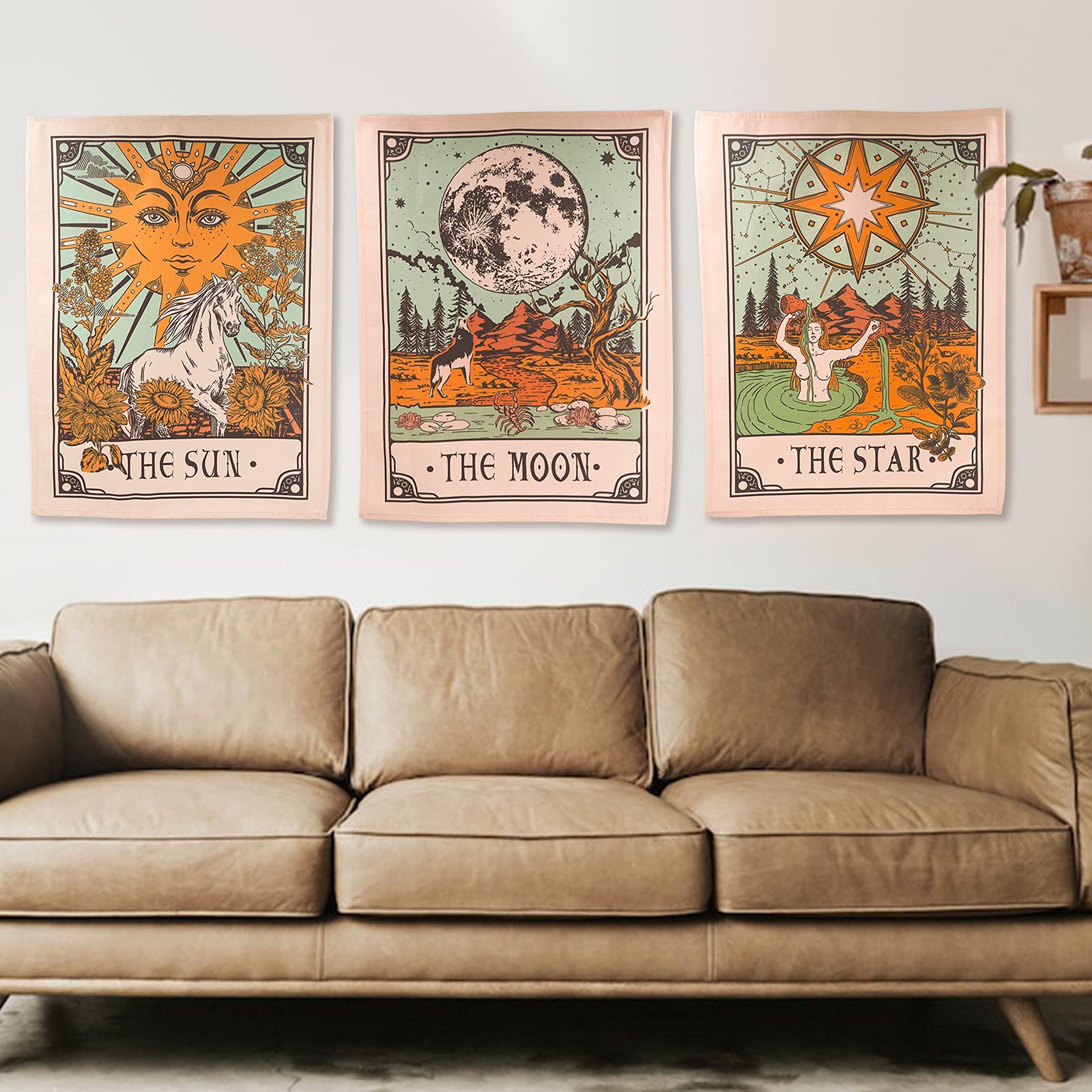 Accnicc 3 Pack Tarot Tapestry, Sun Moon and Star Tarot Card Tapestry, Brown and Beige Tapestry Wall Hanging, Vertical Vintage Aesthetic Wall Tapestry for Room with Steel Grommets (Brown, 20'' × 27'')