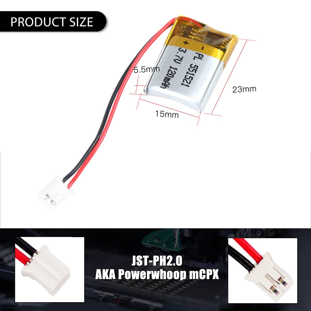 YDL 3.7V 120mAh 551521 Lipo battery Rechargeable Lithium Polymer ion Battery Pack with JST Connector
