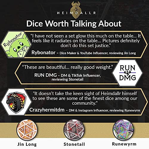 HEIMDALLR Metal DND Dice Set 7 pcs - Dragonhide Design, 16mm Size, Logo on D20; Metal Dice Set & Dice Box; D&D Dice Set D&D (Dungeons and Dragons Dice Set) - Jormungandr Series (Stonetail)