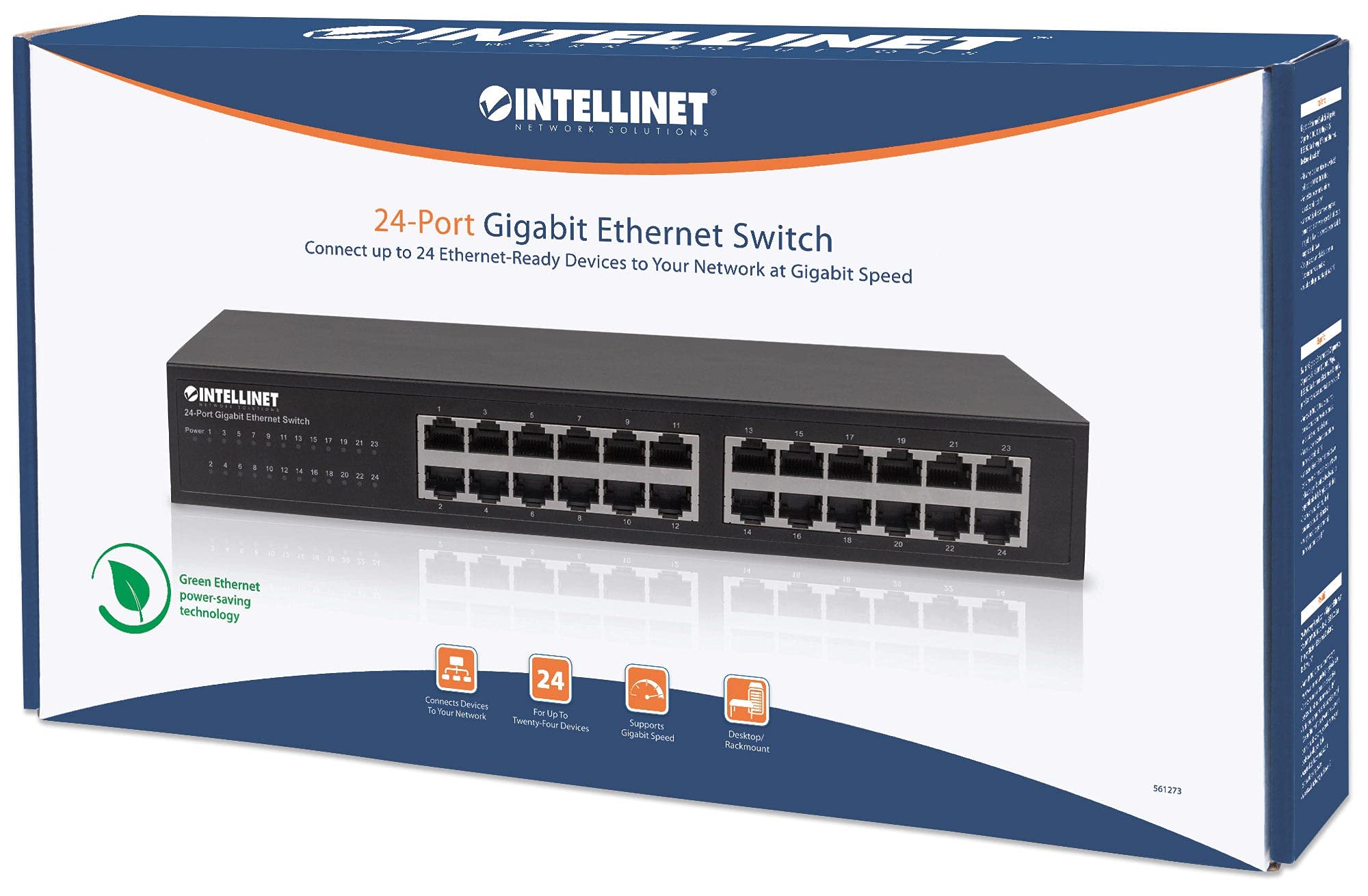 Intellinet 24 Port Gigabit Ethernet Switch - Unmanaged, 10/100/1000 Mbps Ports, Rackmount & Desktop, Sturdy Metal Design, Fanless Quiet, EEE, Flow Control – 3 Yr Mfg Warranty - 561273