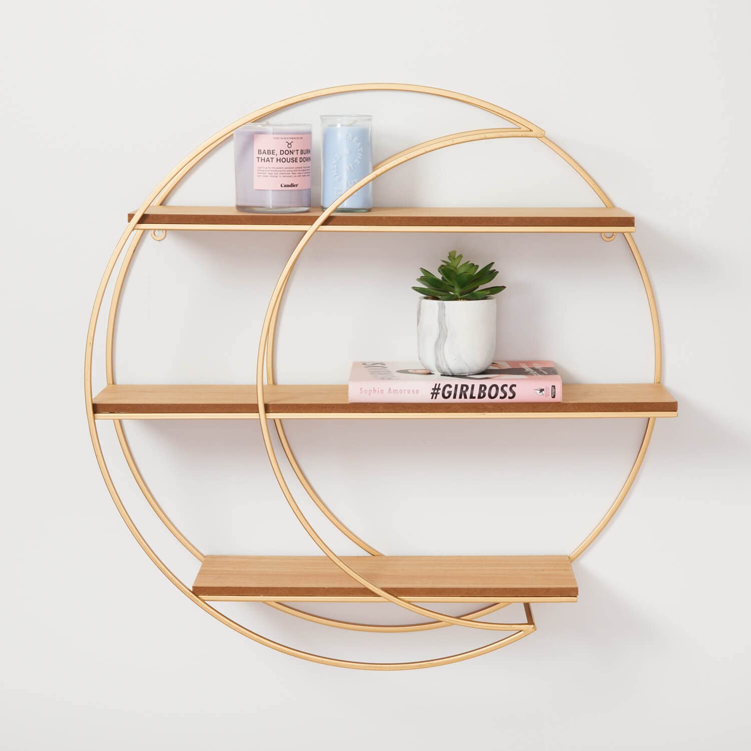 Dormify 3-Tier Wall Shelf | 23.6" L x 5.9" W x 23.6" H | Metal & Wood | Storage | Moon Shaped | Dorm Room Accent & Decor | Bedroom & Dorm Room Accent