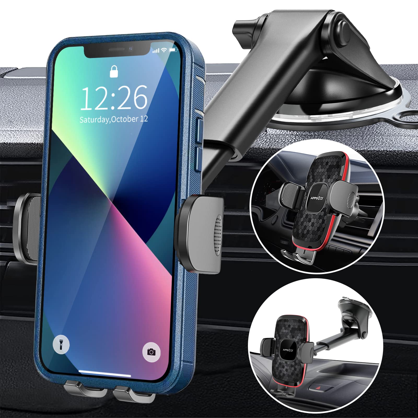 APPS2Car Phone Mount for Car Dashboard, Universal Phone Holder for Car Dashboard Windshield Vent, Strong Suction Cup Phone Holder Compatible with All 4.7-6.9 inches Smartphones
