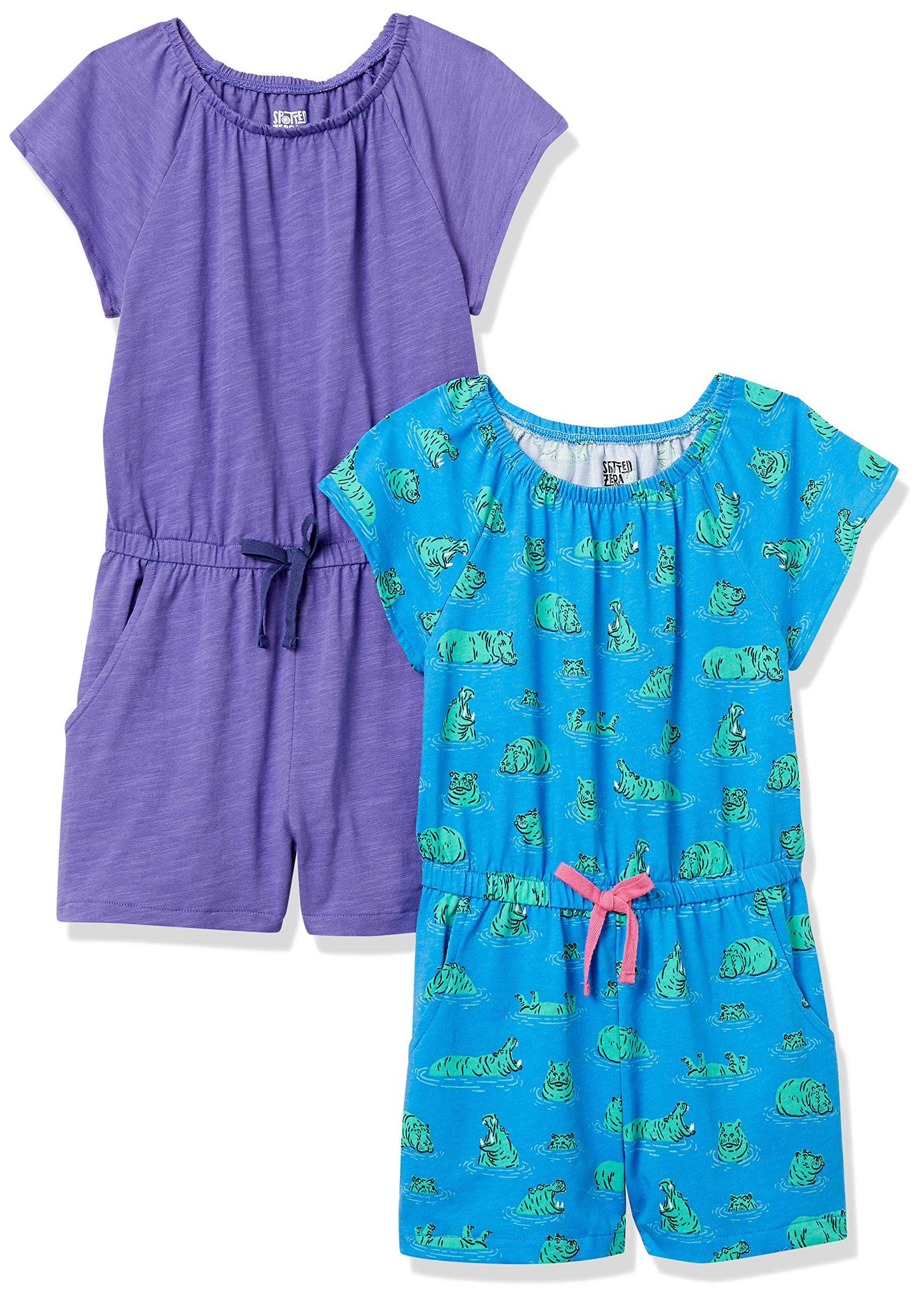 Amazon Essentials Girls' Knit Short-Sleeve Rompers (Previously Spotted Zebra), Pack of 2, Purple/Blue, X-Small