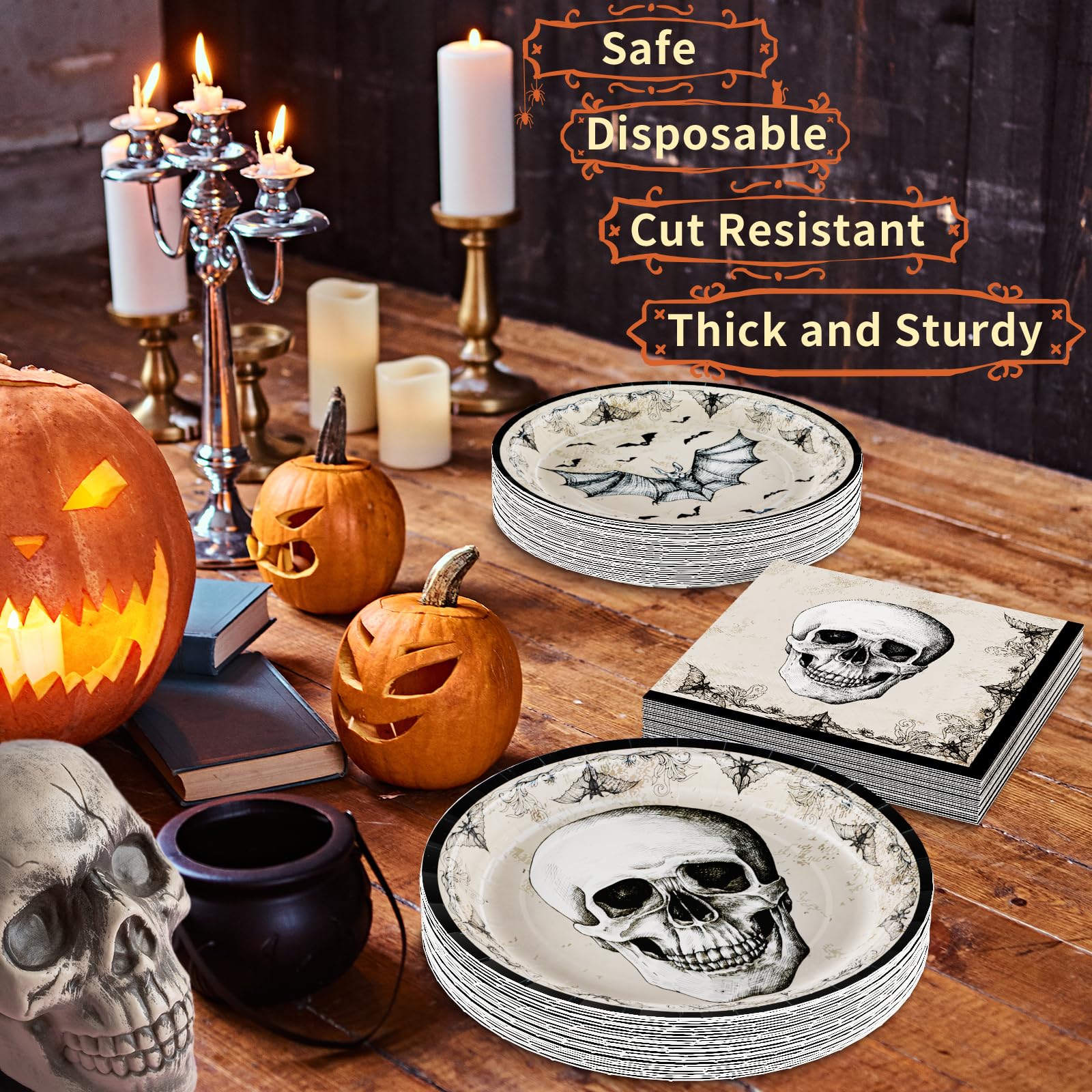 DYLIVeS Halloween Party Supplies Kit, Halloween Skull Bats Disposable Tableware, Includes Dinner Plates, Dessert Plates Napkins Cups Forks, Halloween Birthday Party Decorations Adults, Serve 24