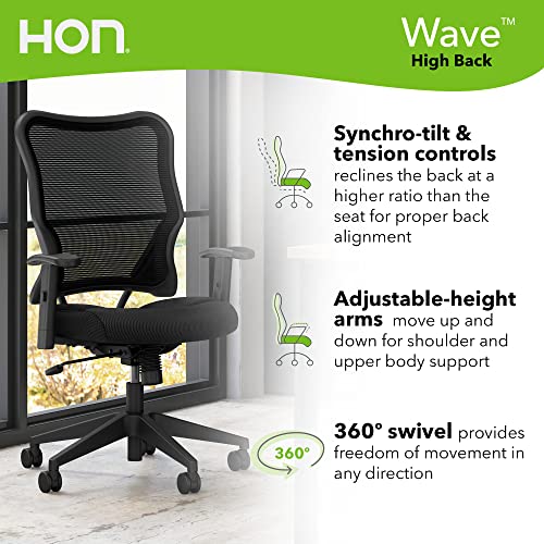 HON Wave Office Chair High Back Mesh Ergonomic Computer Desk Chair - Adjustable Arms & Pneumatic Seat Height, Synchro-Tilt Tension Lock Recline, Comfortable Cushion, 360 Swivel Rolling Wheels - Black