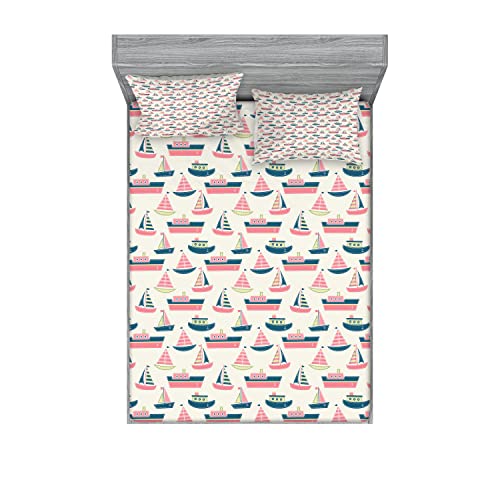 Ambesonne Sailing Fitted Sheet & Pillow Sham Set, Pattern of Little Ship Boat Yacht Submarine Marine Love for Cartoon, Decorative Printed 6 Piece Bedding Decor, Calking, Multicolor