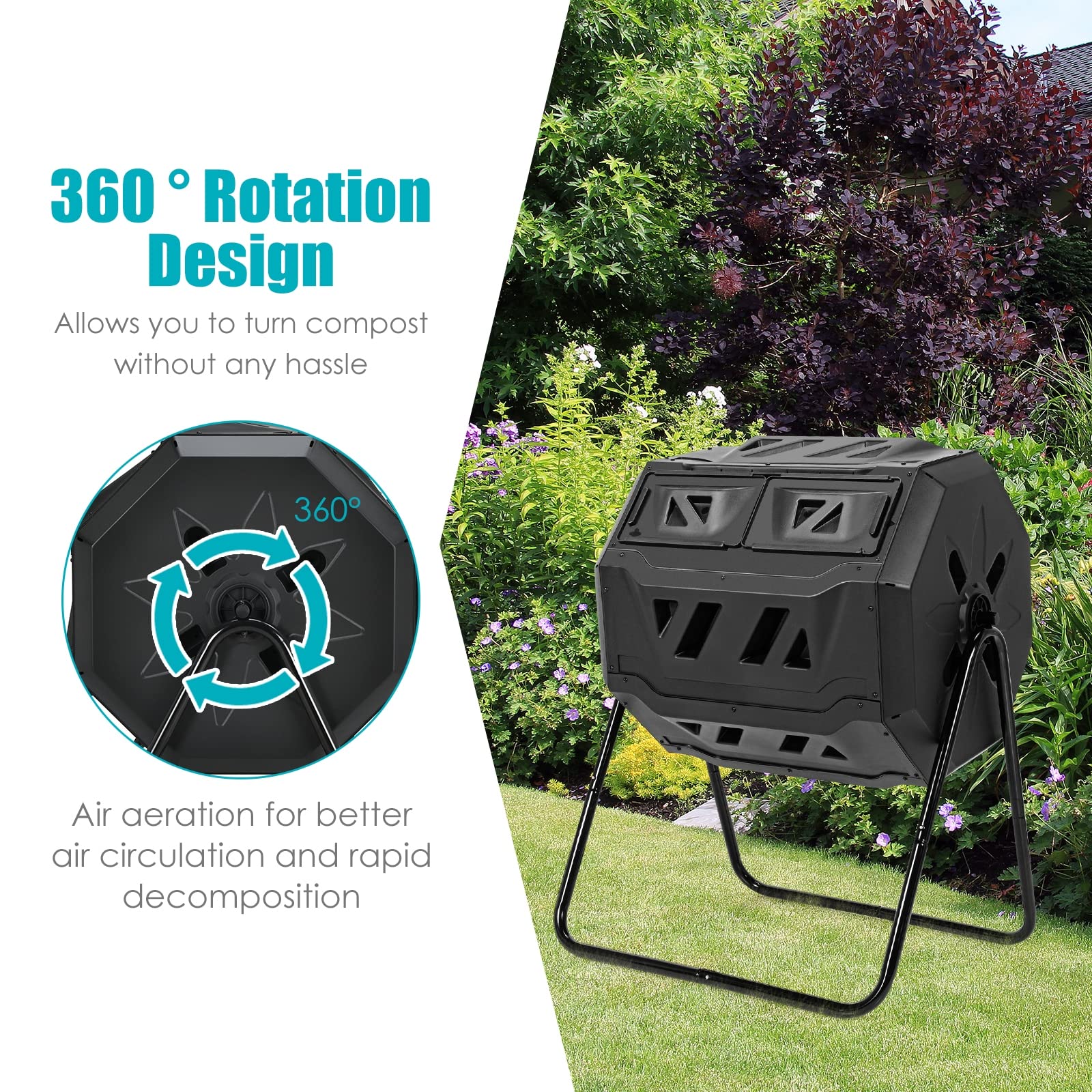 COOURIGHT 43 Gallon (163L) Composting Tumbler, Dual Chamber Rotating Compost Bin w/Sliding Doors & Stable Metal Frame, 360° Rotation, Outdoor Tumbling Composter w/Operation Gloves for Garden, Yard
