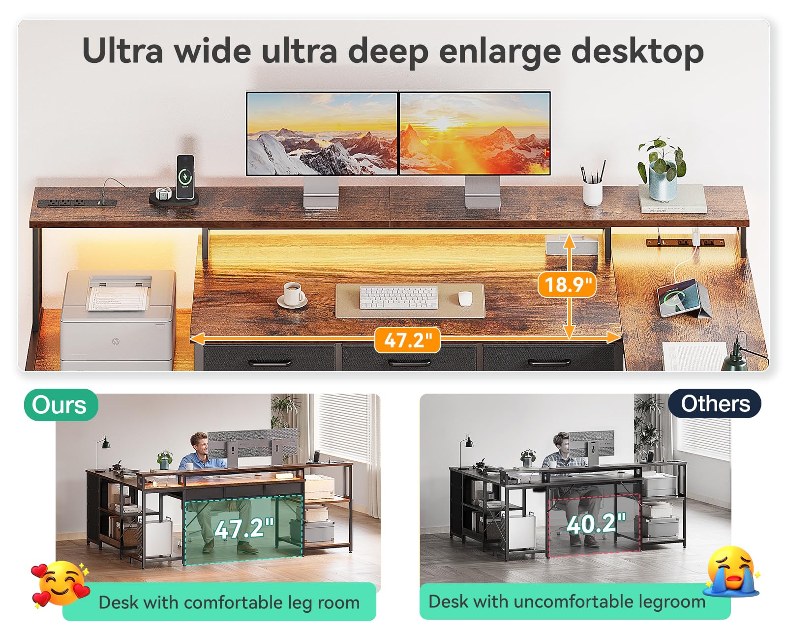AODK 79" L Shaped Desk with 7 File Drawers, L Shaped Computer Desk with 2 Power Outlets & Monitor Shelf, Home Office Desk with Storage Shelves, Reversible Gaming Desk with LED Light, Vintage