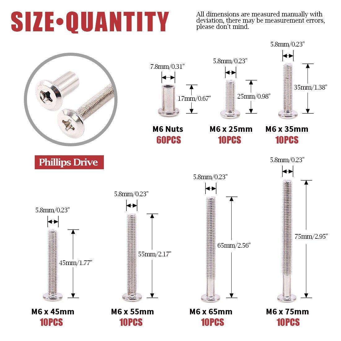 Hilitchi 120-Pcs M6 x 25/35 / 45/55 / 65 / 75mm Rivet Phillip Countersunk Head Screws Bolts Dowel Barrel Nuts Assortment Kit for Furniture Hardware Fitting