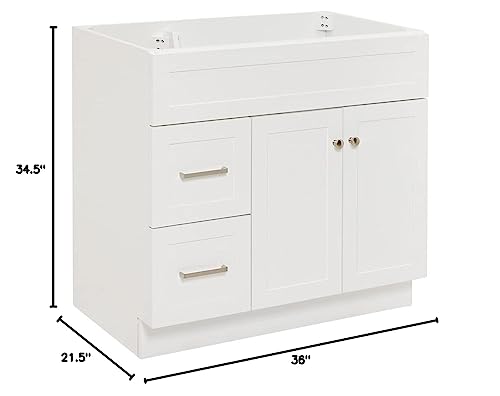ARIEL 36" White Bathroom Vanity Base Cabinet, Right Offset Sink Configuration, 2 Soft-Closing Doors, 2 Full Extension Dovetail Drawers, 1 Enclosed Large Storage Shelf, Brushed Nickel