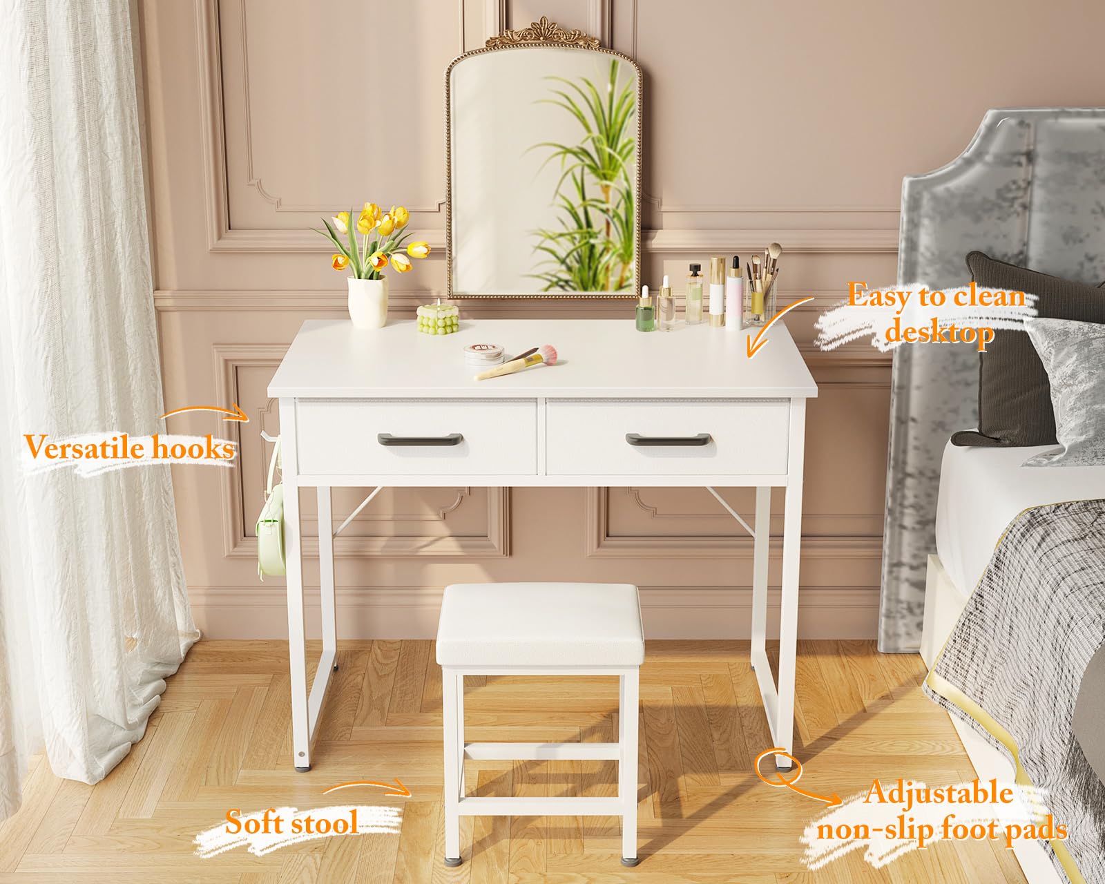 AODK Vanity Desk with 2 Fabric Drawers, 32 Inch Makeup Vanity Without Mirror, Small White Vanity Desk for Bedroom, Makeup Vanity Table with Chair, Kids Girls Vanity Set, White