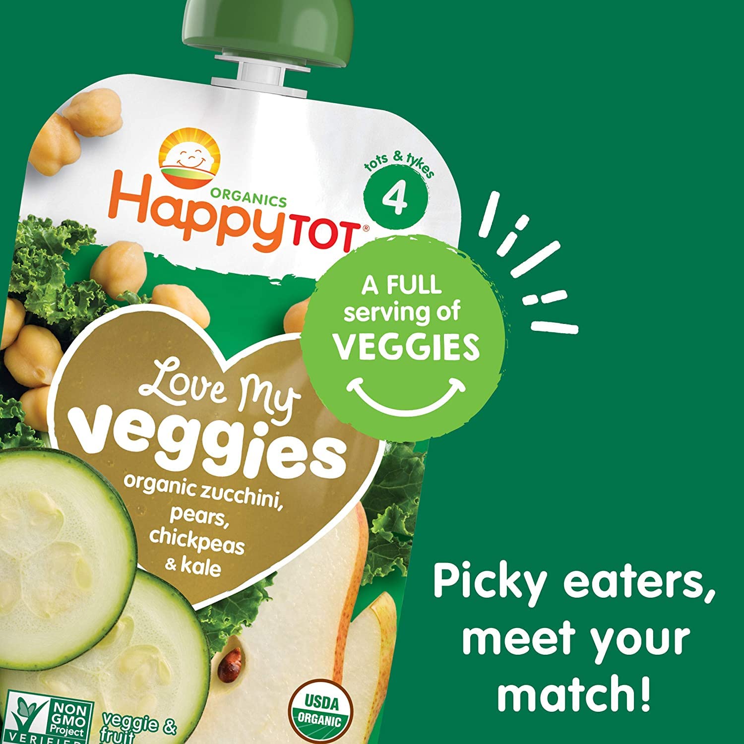 Happy Tot Organics Love My Veggies Stage 4, Zucchini, Pear, Chickpeas & Kale, 4.2 Ounce Pouch (Pack of 16) packaging may vary