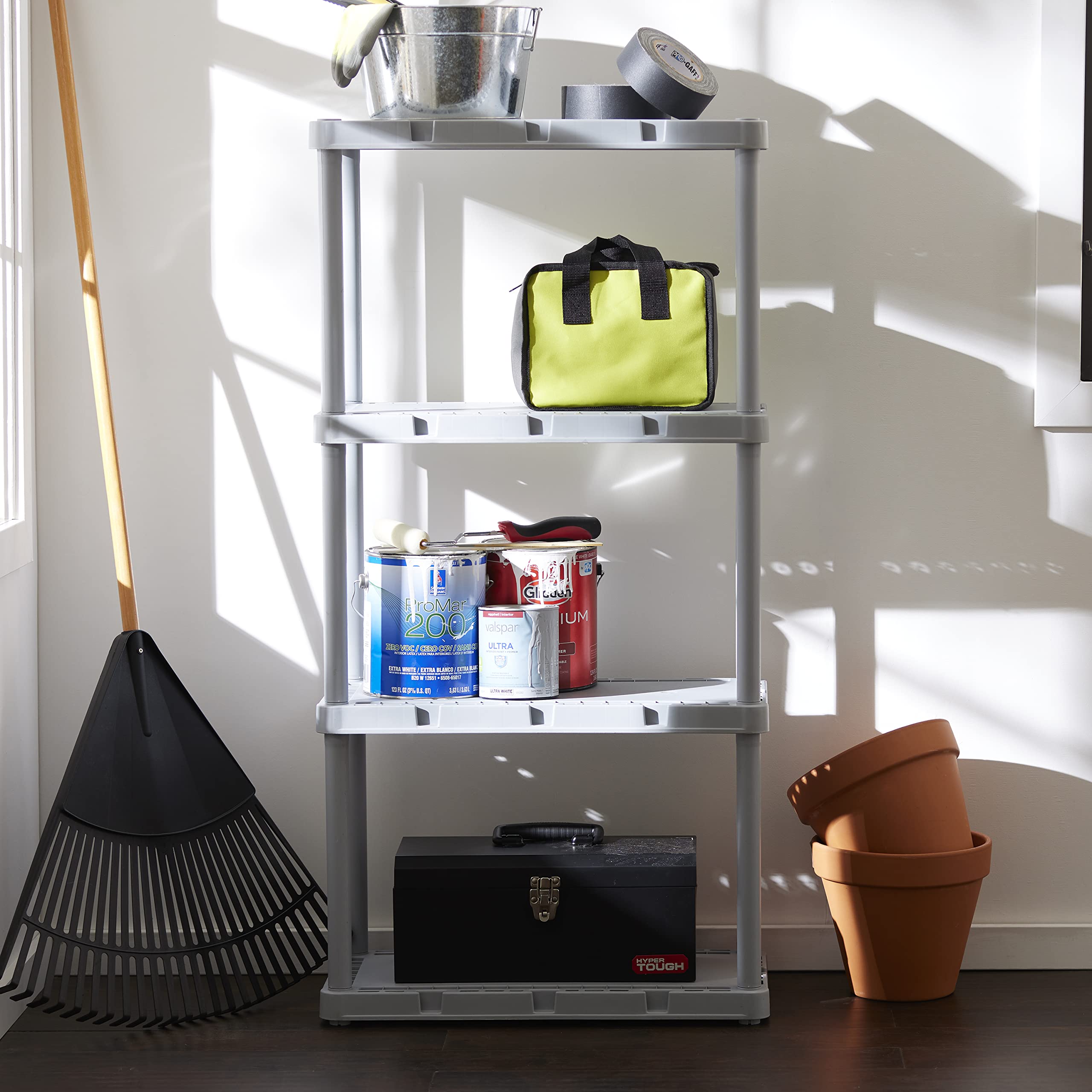 Gracious Living 4 Shelf Knect-A-Shelf Ventilated Light Duty Storage Unit Organizer System for Home, Garage, Basement, and Laundry, Gray.