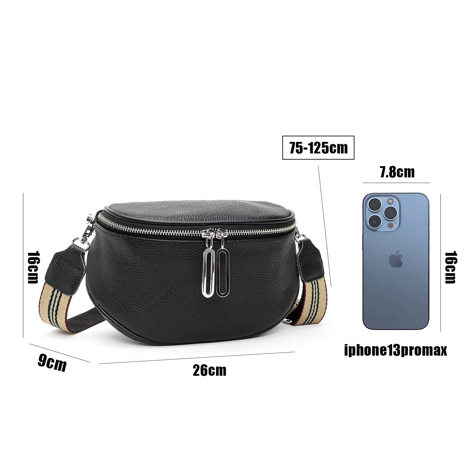 Fibrdoo Leather Crossbody Bag for Women, Elegant Shoulder Bag with Removable Strap Mobile Phone Purse, Leather Saddle Bag, Black