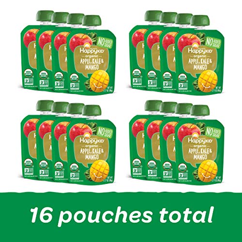 HAPPYKID Organics Organic Kid Snack, Apple, Kale, & Mango, 3.17 Ounce Pouch, Pack of 16 (Packaging May Vary)