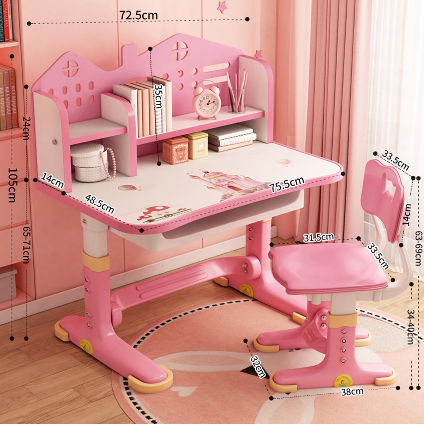 NEREIDS NET Kids Desk Chair Set,Small Desk,Standing Desk, Desk Chair Set Widened Children Desktop Height Adjustable School Study Desk with Castle Backboard,Bookstand and Storage Drawer Pink