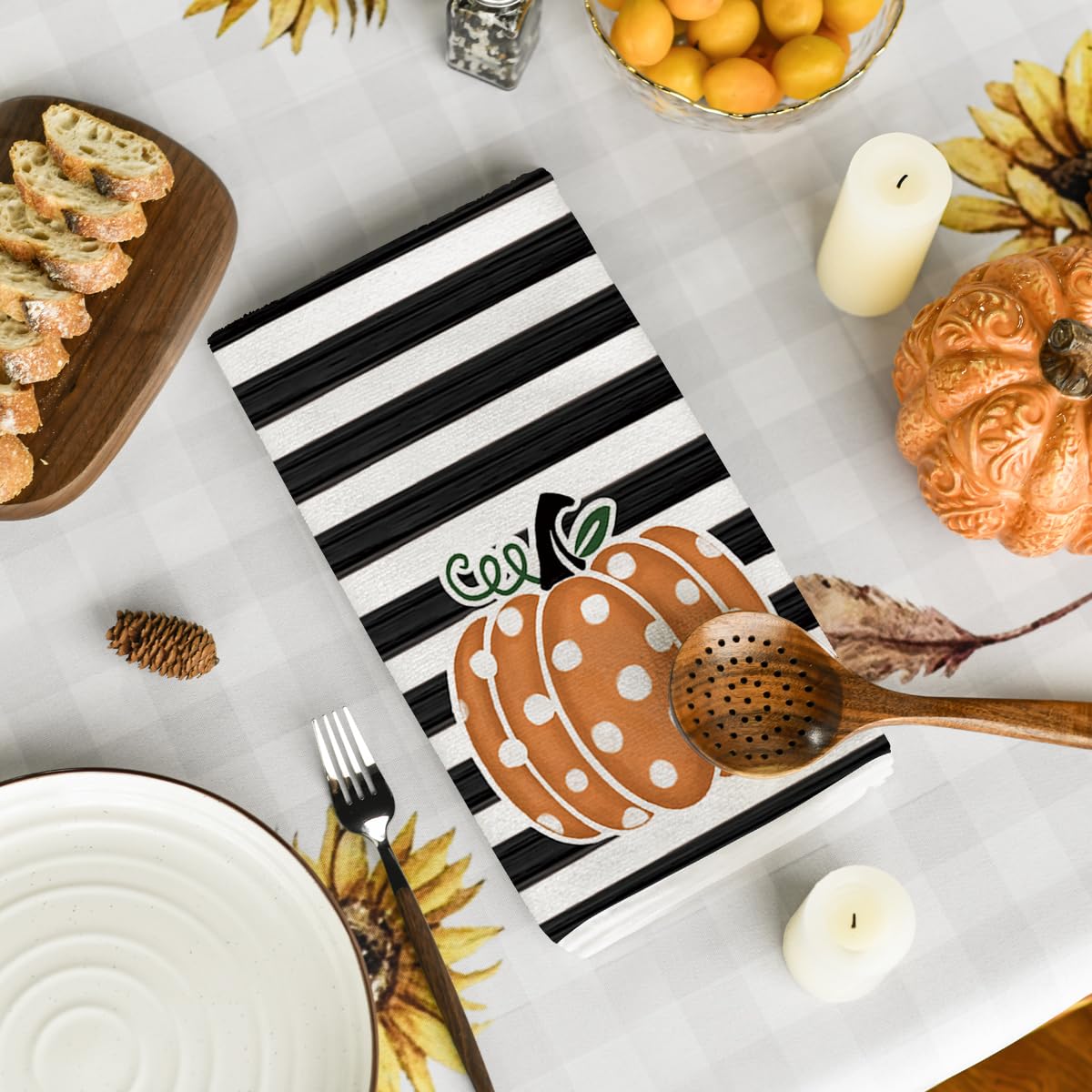 Artoid Mode Stripes Polka Dot Hello Pumpkin Fall Kitchen Towels Dish Towels, 18x26 Inch Farmhouse Maple Leaves Decoration Hand Towels Set of 4