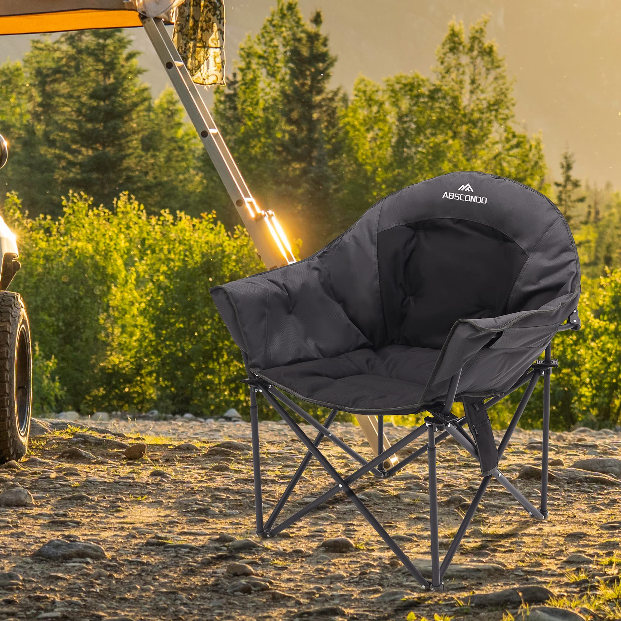 ABSCONDO Heated Camping Chair, Camping Chairs for Heavy People, Oversized Outdoor Folding Moon Chairs with Extra Wide Seats, Lawn Chairs Folding Supports up to 300lbs, Black