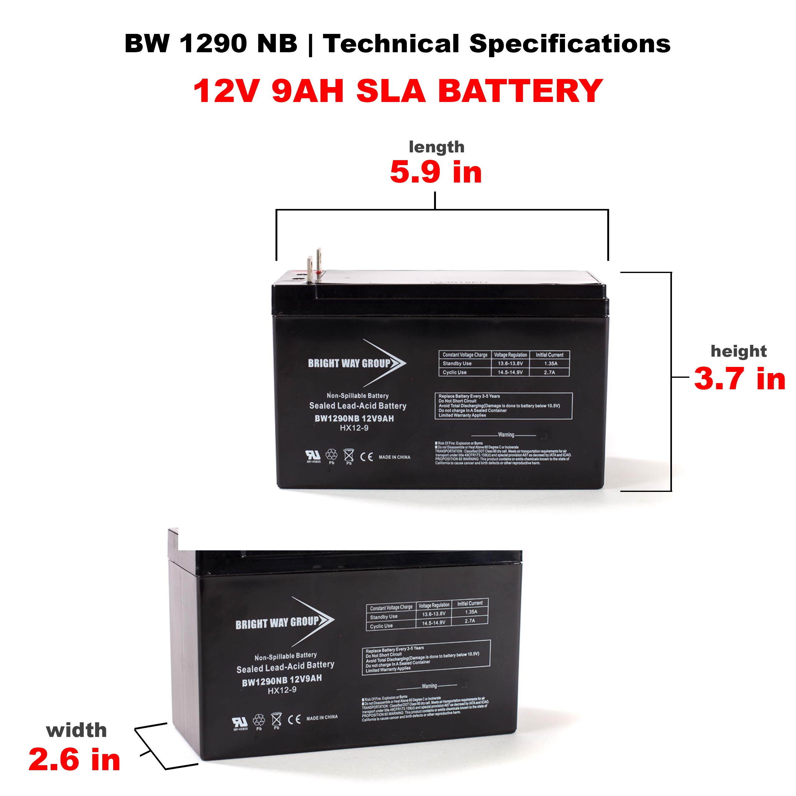 Bright Way Group 12V 9Ah Rechargeable SLA Battery Nut & Bolt Terminal | BW1290 NB Terminal | Generator Jump Starter Lawn & Garden