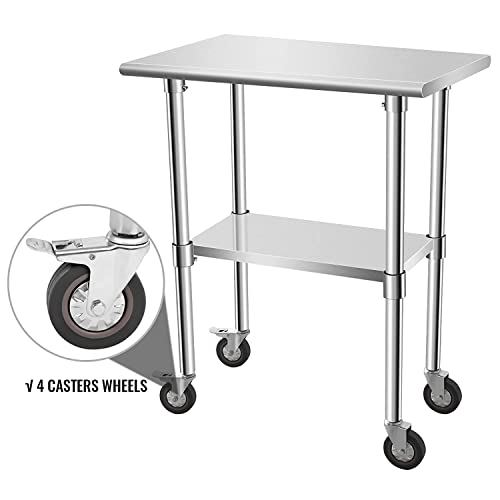 Hasopy Stainless Steel Table for Prep, Heavy Duty Work Table with 4 Casters for Commerical Kitchen, Restaurant, Home and Hotel (30'' X 18'')