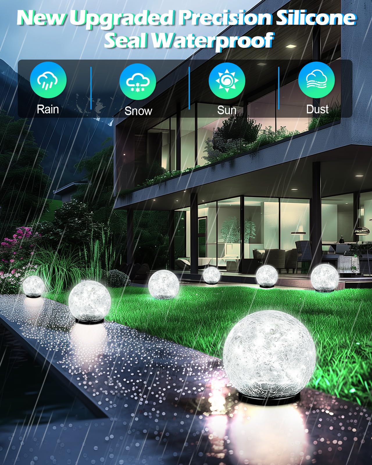 Garden Solar Ball Lights Outdoor Waterproof, 50 LED Cracked Glass Globe Solar Power Ground Lights for Path Yard Patio Lawn, Outdoor Decoration Landscape White (2 Pack 4.7'')