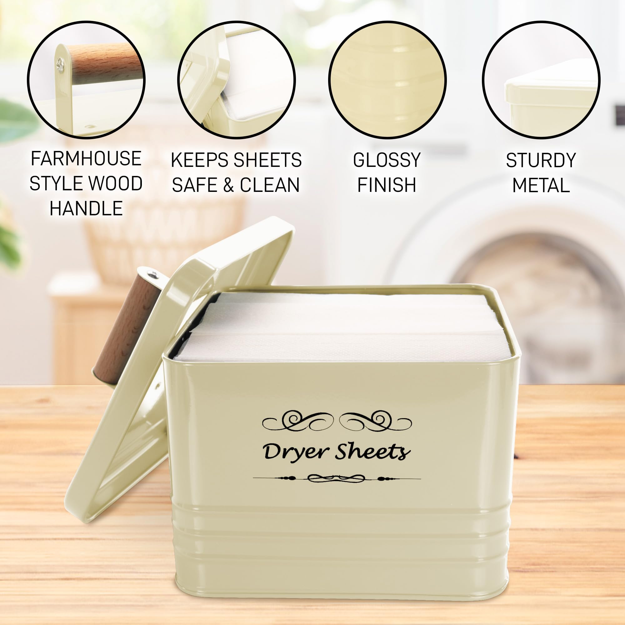 ELITAPRO Dryer Sheets Holder for Laundry Room - Farmhouse Dryer Sheet Box with Lid - Laundry Room Decor & Accessories - Metal Dryer Sheet Container for Laundry Room Organization & Storage (Ivory)