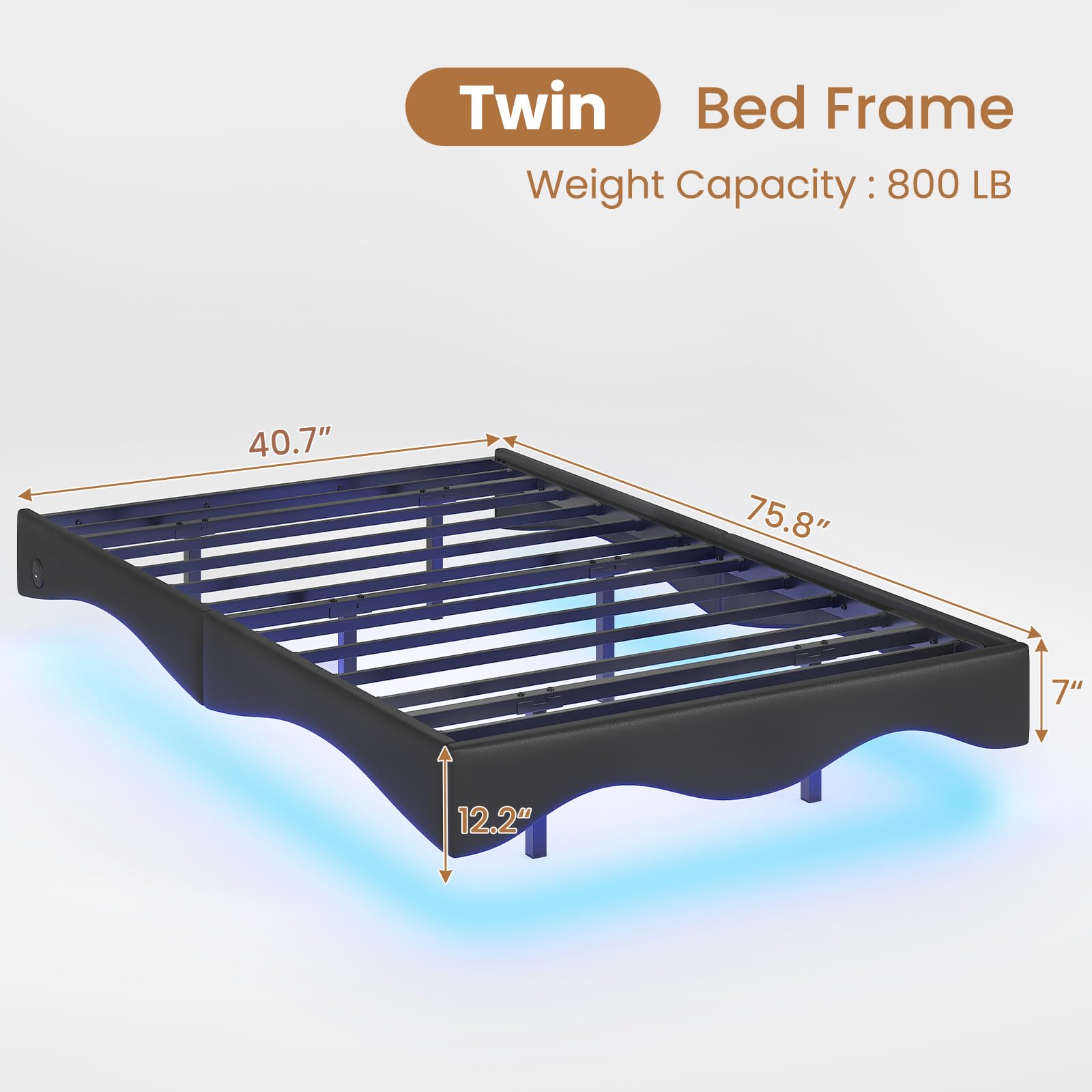AOGLLATI Floating Bed Frame Twin Size with Charging Station & LED Lights, Platform Twin Bed Frame with Leather Wave Molding and Stable Structure,No Box Spring Needed, Black