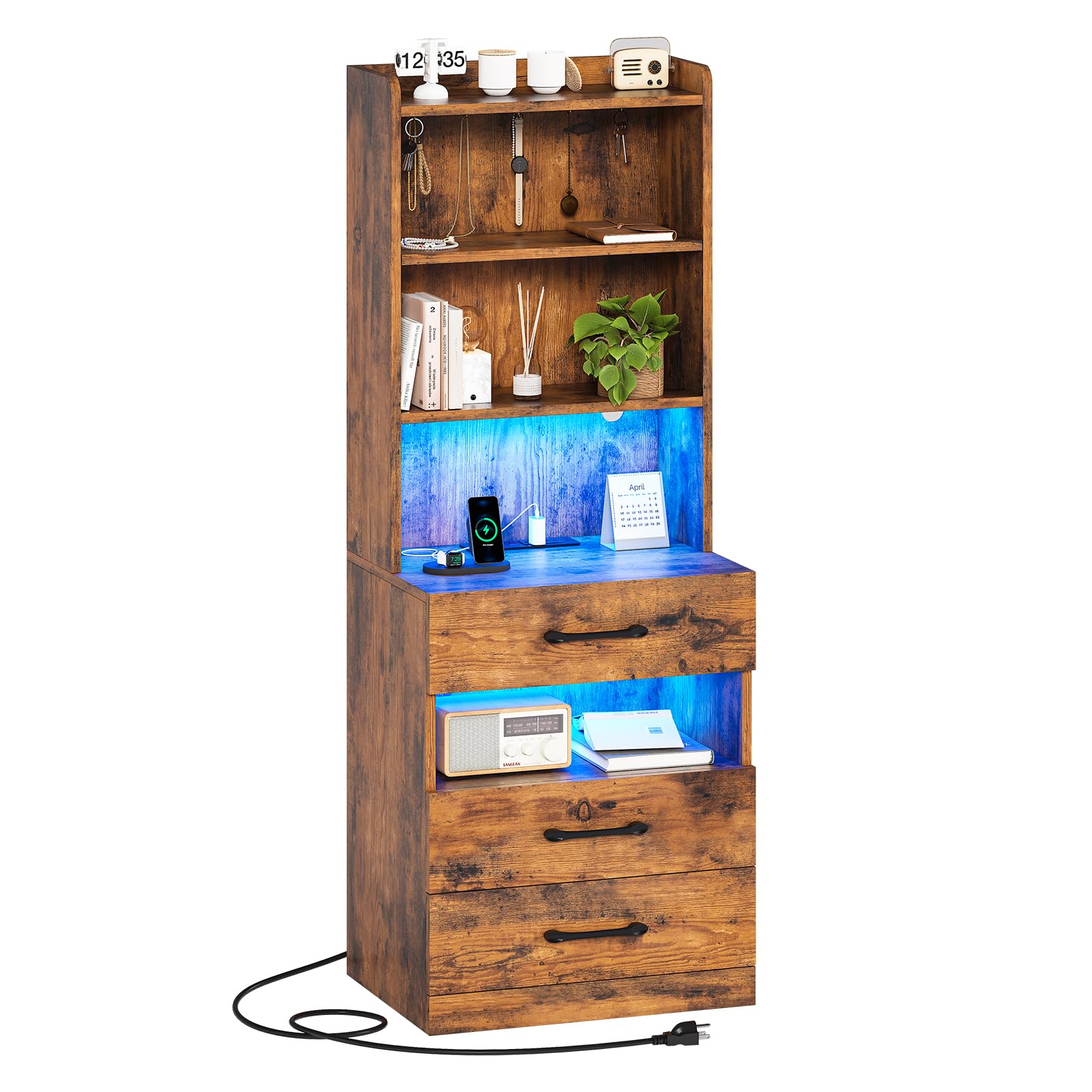 AOGLLATI Tall Night Stand with Charging Station and LED Lights, Nightstand with 3 Drawers, Bedside Table with Bookshelf, Modern End Side Table for Bedroom, Rustic Brown