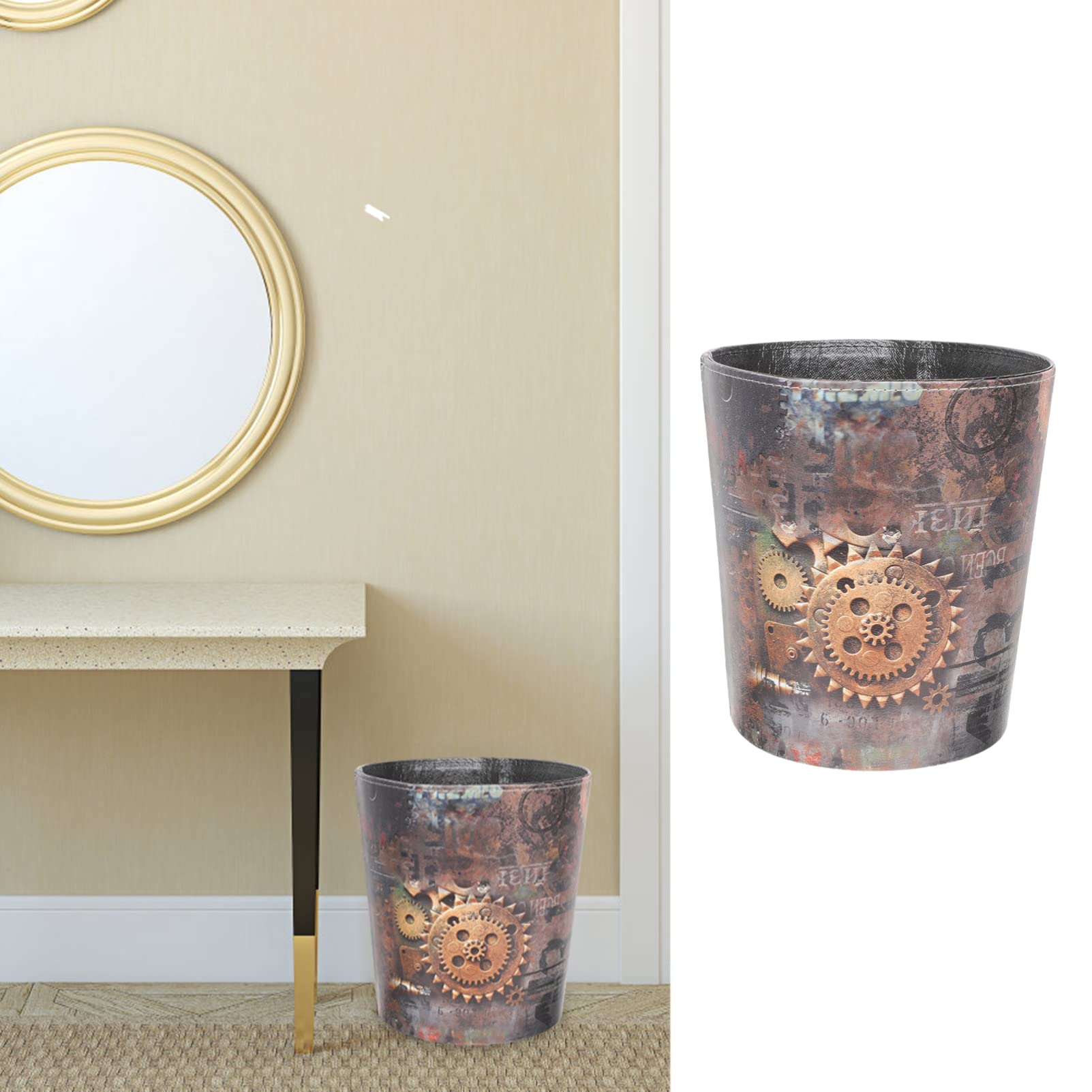 ARTSIM PU Leather Trash Can Steampunk Gear Wheel Garbage Bin Wastebasket Trash Bins Storage Container for Home Bathroom Kitchen Office