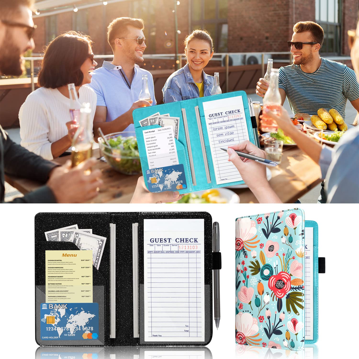 ACdream Server Books for Waitress, Guest Book Note Pad, Cute Pocket Leather Money Organizer Wallet, Cash Check Bill Receipt Holder Presenter, Waiter Accessories Fit Server Apron
