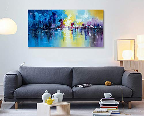 Abstract Cityscape Wall Art Handmade Blue Modern City Building Reflection Oil Paintings on Canvas