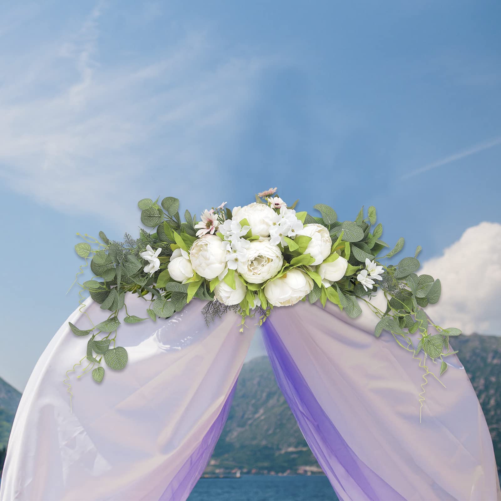 HiiARug Artificial Peony Flower Swag, 31 Inch Decorative Swag with Peonies Hydrangeas Eucalyptus Leaves for Home Room Garden Lintel Wedding Arch Party Decor (White, 31")