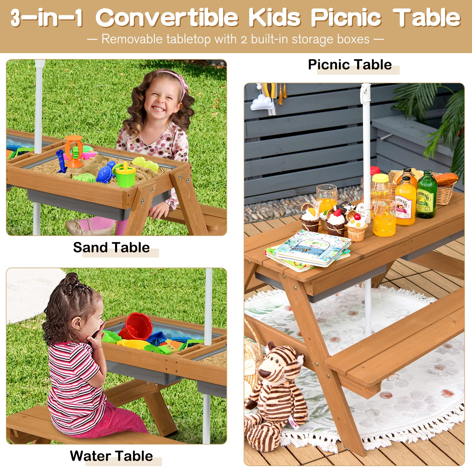 Costzon Kids Picnic Table, 3 in 1 Sand & Water Table w/Height Adjustable Umbrella, Removable Tabletop, Children Outdoor Toy Playset w/2 Play Boxes, Wooden Convertible Activity Play Table
