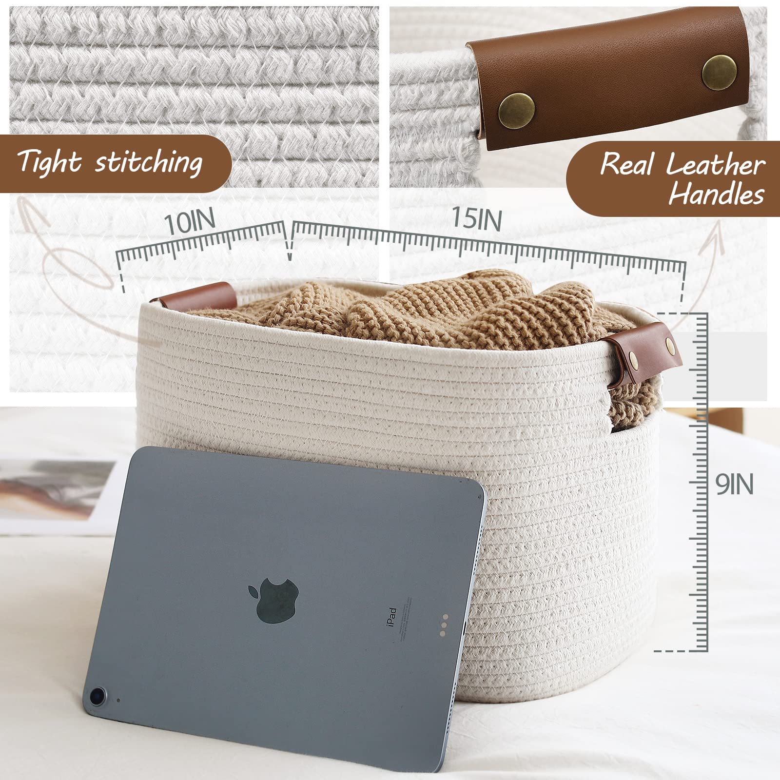 ECDYQXVU 1 Pack Cotton Rope Storage Baskets,15x10x9in,Collapsible Storage Bins, Decorative Woven Basket Cube Storage Organizer for Nursery, Laundry, Towel, Clothes, Cosmetics, Books(White)