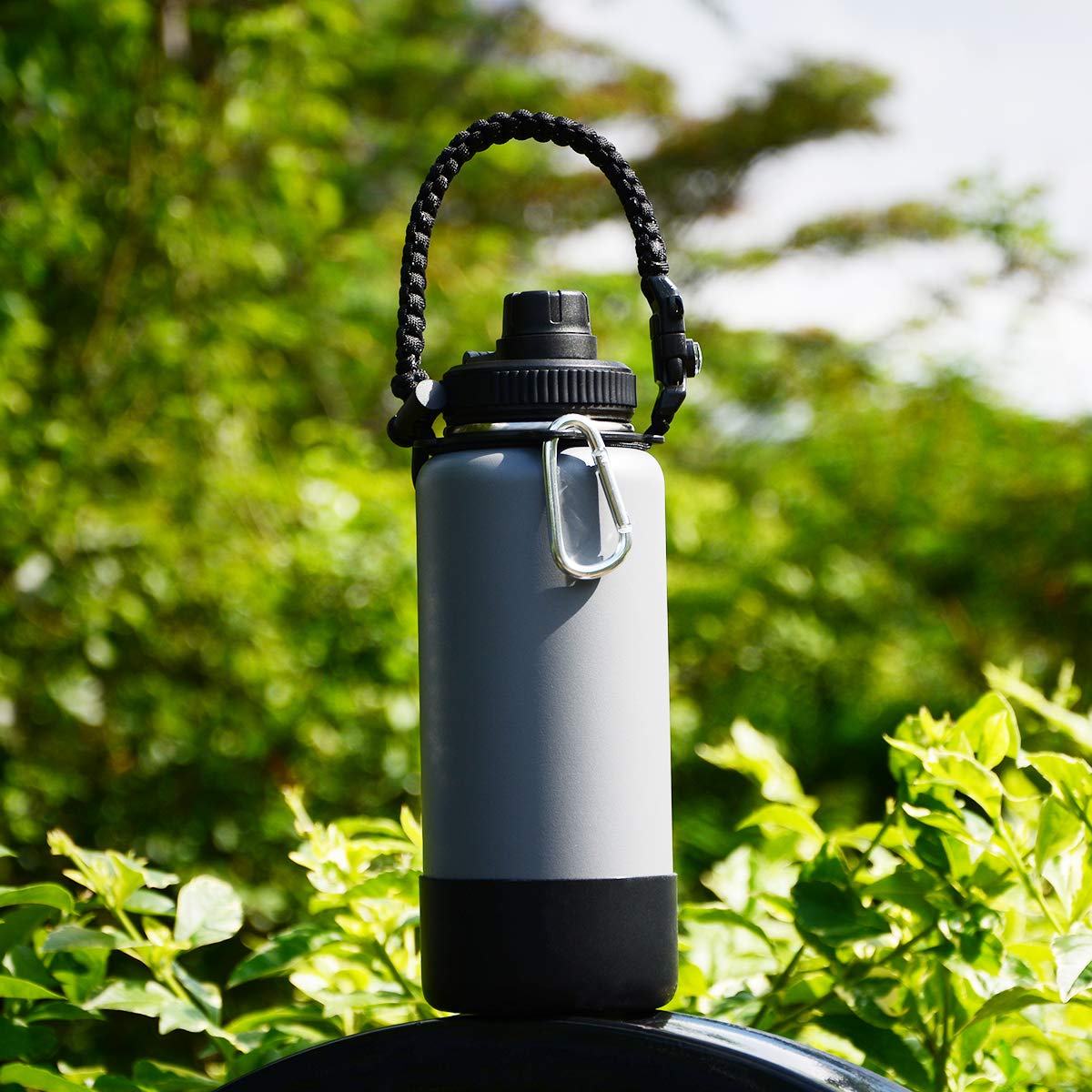 Affute Paracord Handle for Hydroflask Wide Mouth Bottles, with Safety Ring and Carabiner, Plus one Protective Silicone Sleeve, Best Value Set (32-40oz, Black)