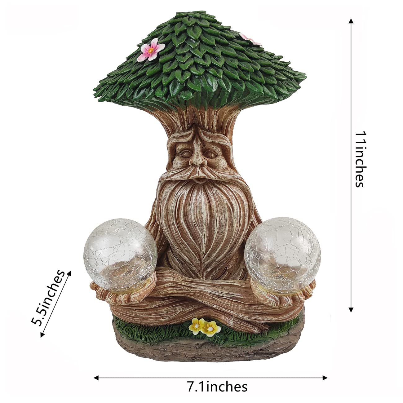 Zen Tree Man Solar Statue Meditation Old Man Figurine with LED Light Fairy Garden Tree Elf Gnome Statue,for Outdoor Decor Patio Yard Lawn Porch Halloween Decoration,11" Tall
